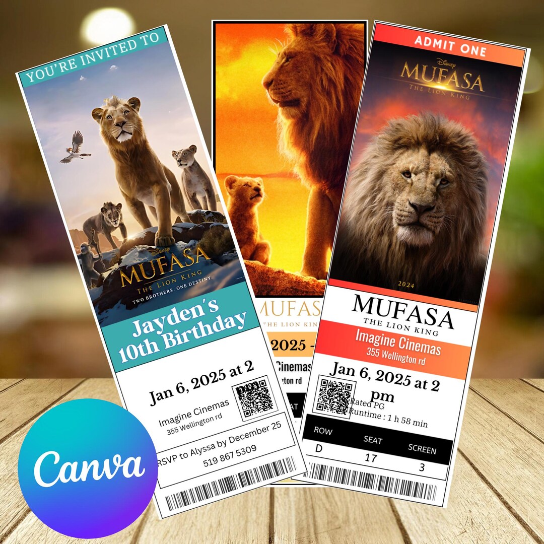 Editable Mufasa Movie Ticket Birthday Invitation, Editable Mufasa Movie ...