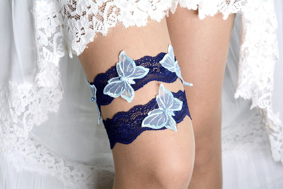 Dark Blue Lace Bridal Garter Set Butterfly Bride Wedding Handmad Blue White Butterflies Summer ...