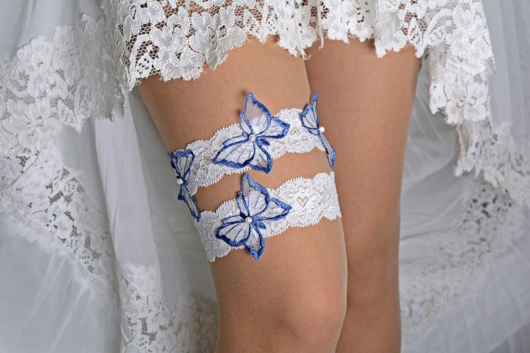 Personalized White and Blue Bridal Garter Set Lace Wedding Garter Bridal Lace Garter Set ...