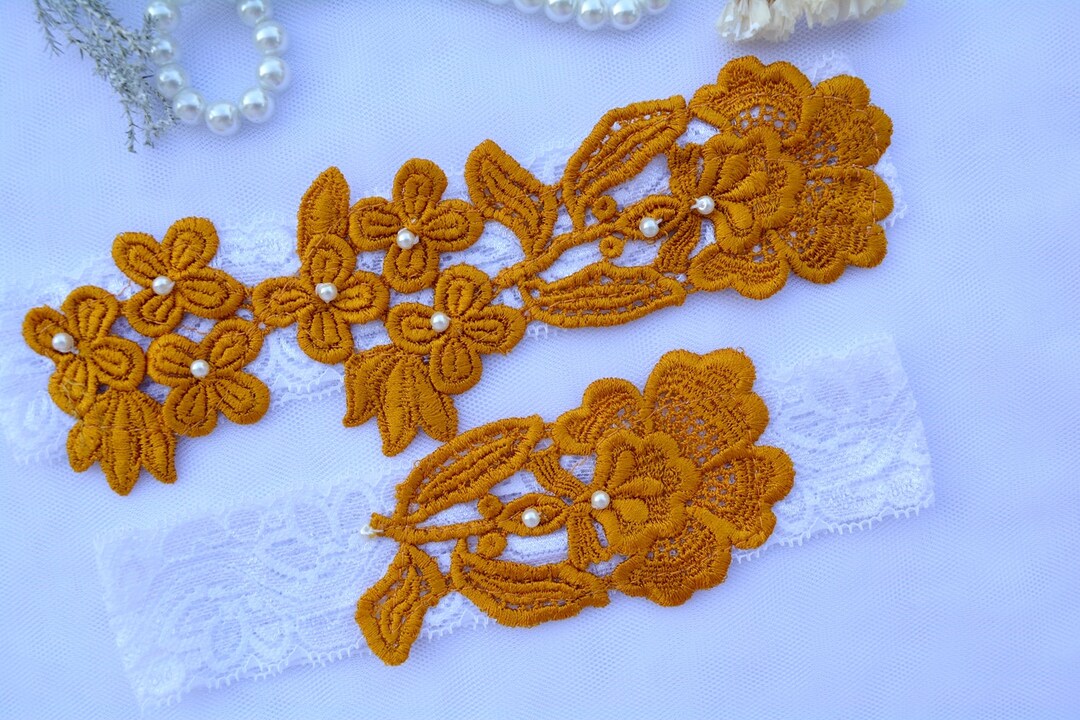 White Camel Brown Garter Set Brides White Wedding Garter - Etsy