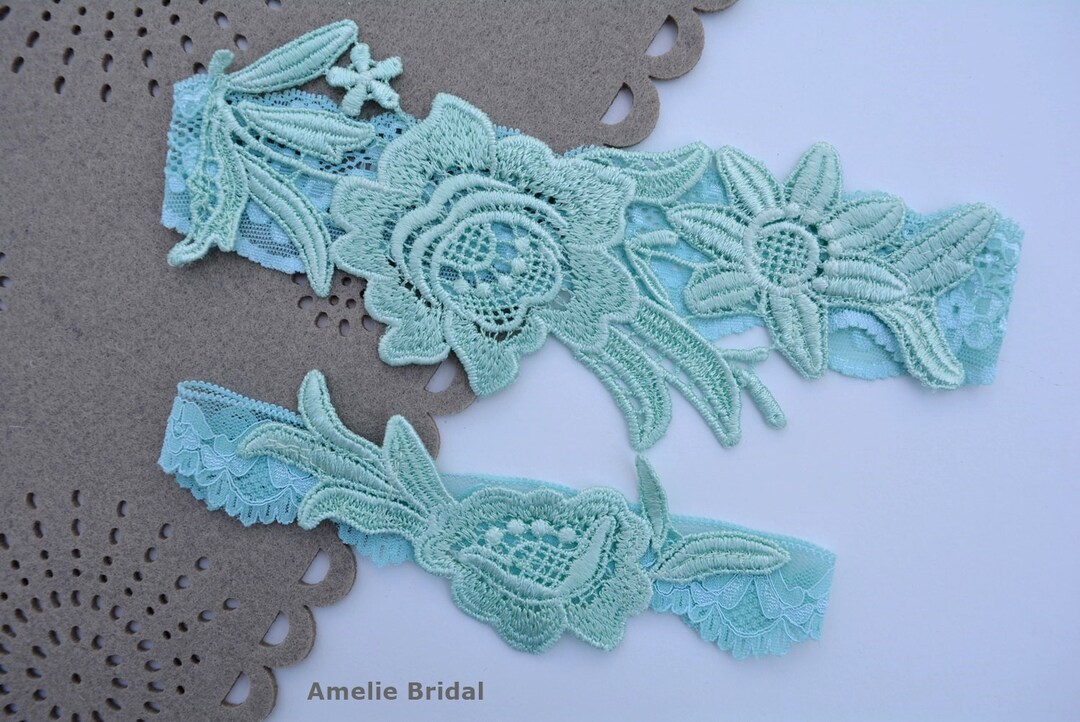 Personalized Wedding Garter Set Pale Green Lace Bridal Garters, Lace ...