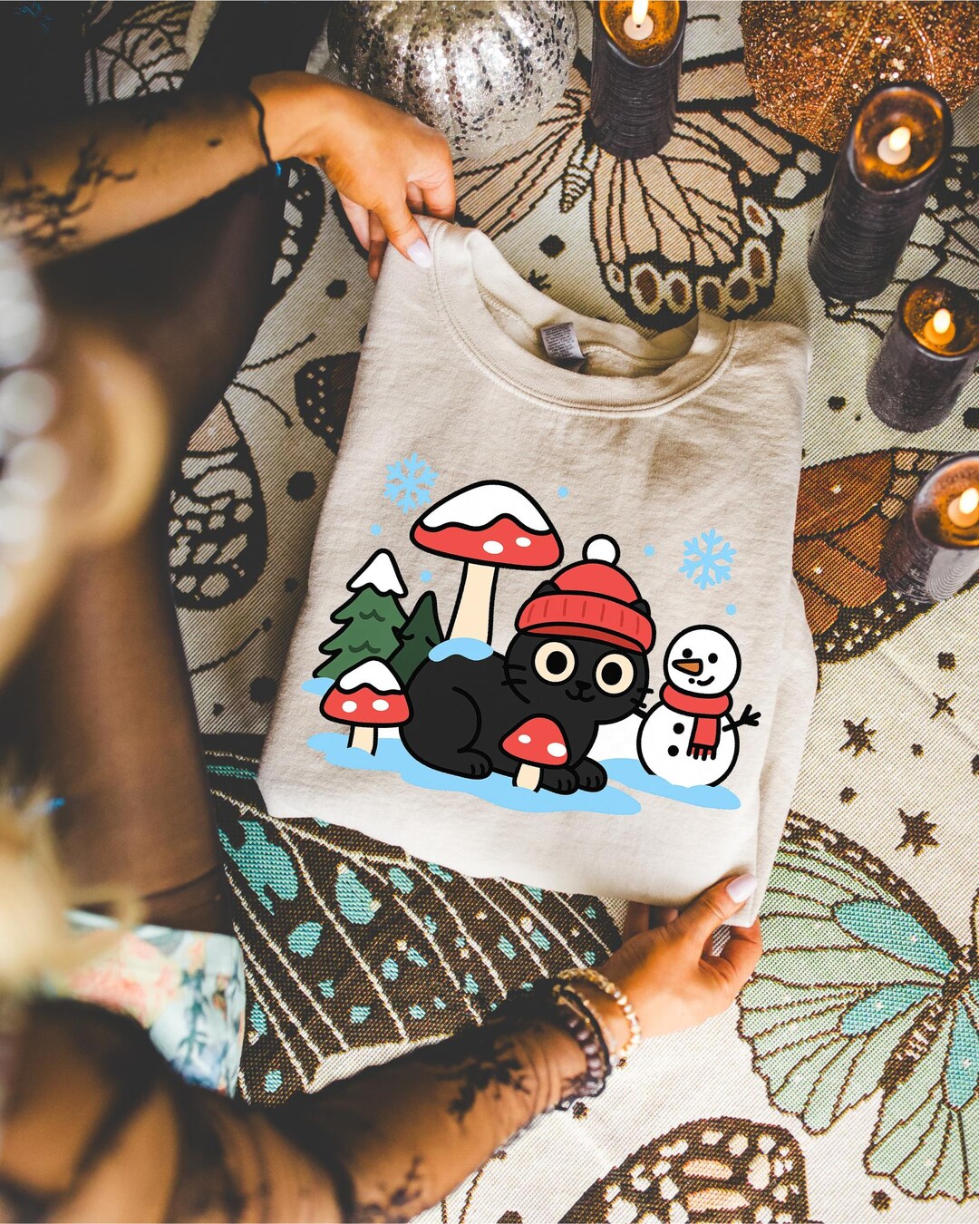 Winter Cat | Snowman Cottagecore Sweatshirt | Cozy Holiday Crewneck ...