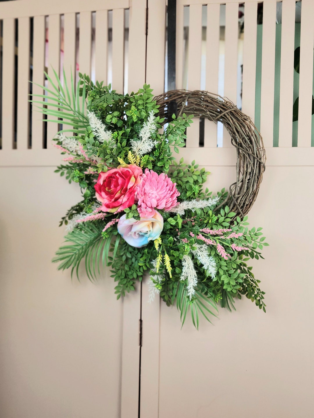 Annabelle, Spring Rainbow Decor, Spring Farmhouse Wreath, Rose Summer ...