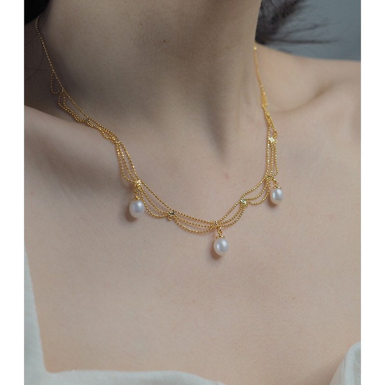 Dainty Wave Layer Chain Freshwater Pearl Necklacegenuine - Etsy