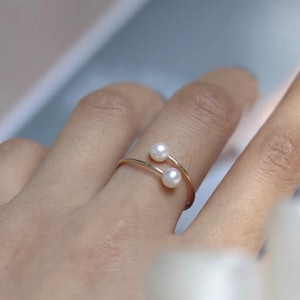 14K Gold Filled Double Freshwater Pearl Open Ring. Minimalist Ring. Dainty Pearl Ring. Elegant ...