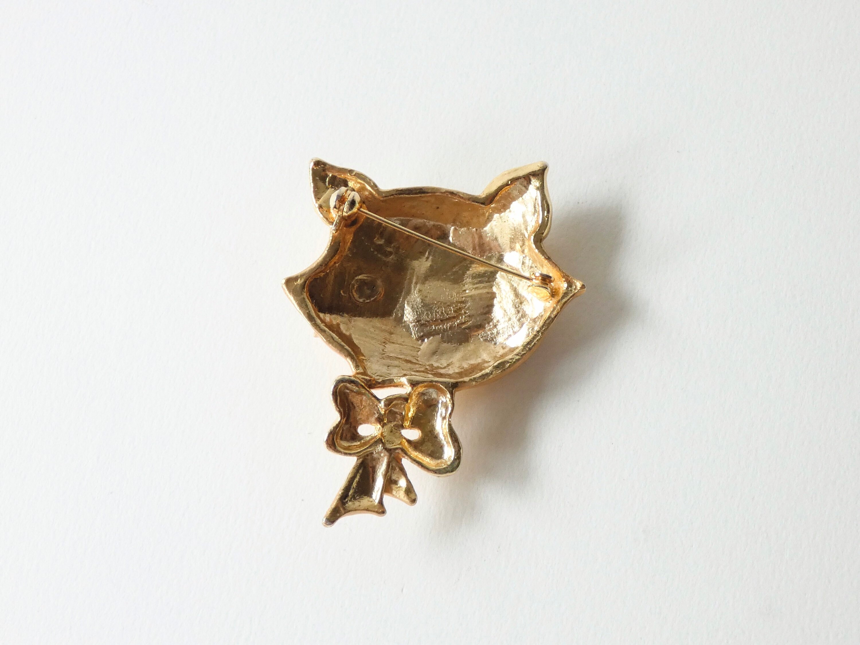 Vintage Cat Face Gold Tone Brooch, Satin Cat Brooch, Cat With Bow ...