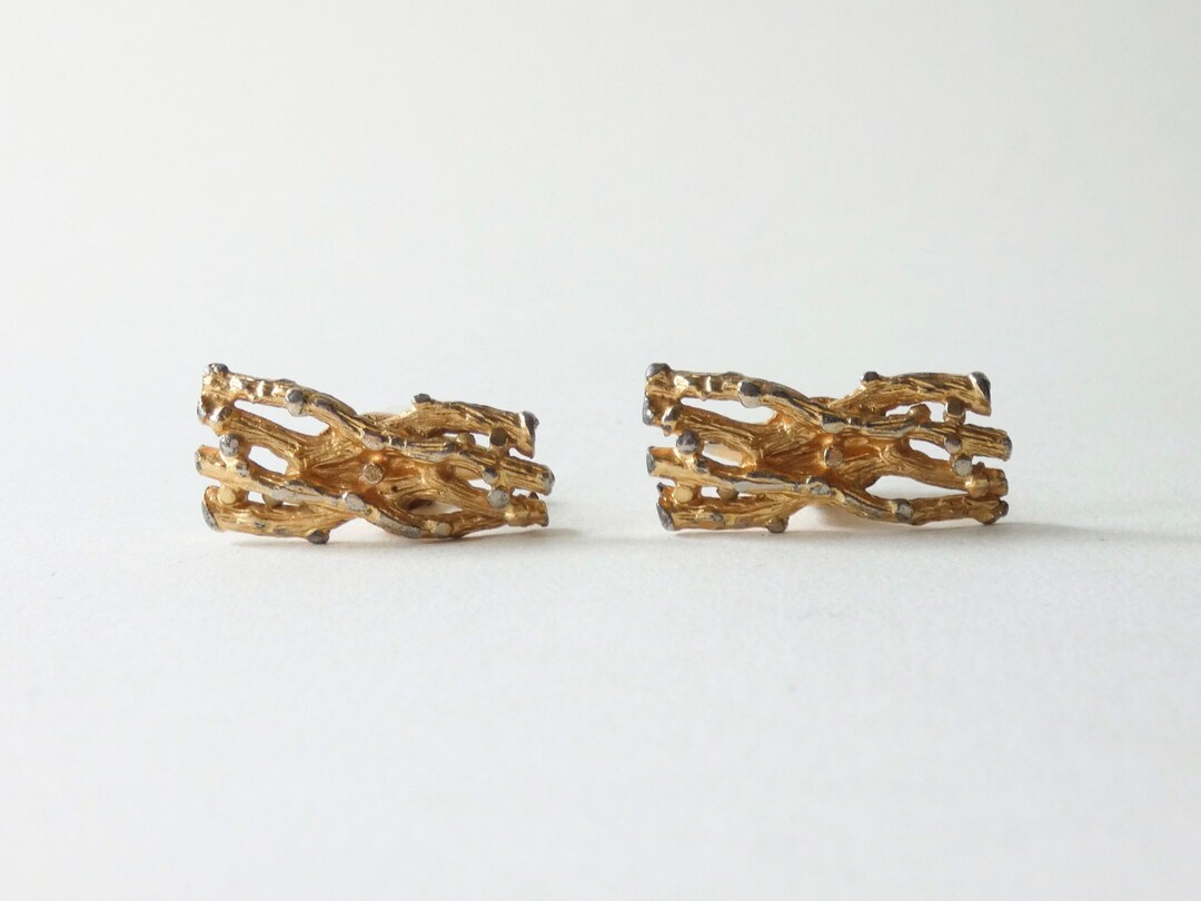 Vintage Brutalist Abstract Rectangle Gold Tone Gilt Cufflinks, Modernist Textured Rectangular ...