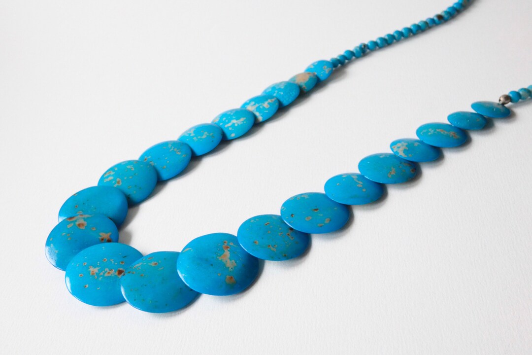 Vintage Faux Turquoise Bead Necklace, Graduating Flat Disc Necklace ...
