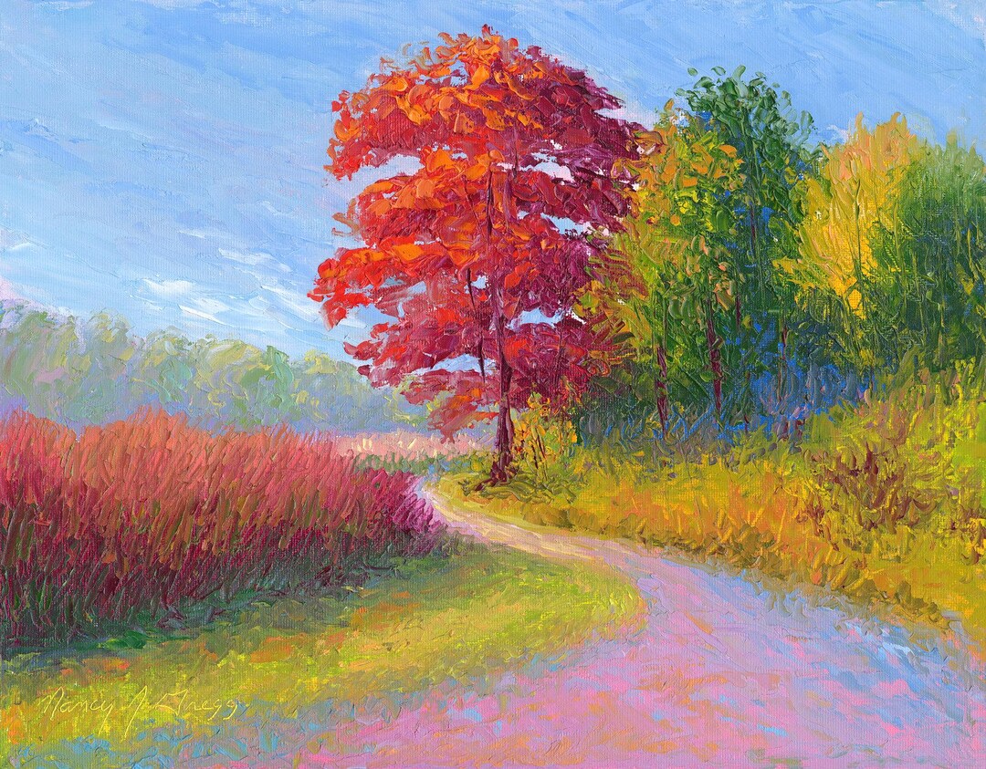 Print - Autumn Trail Fall Colors Beautiful Path Red Tree Impressionism ...