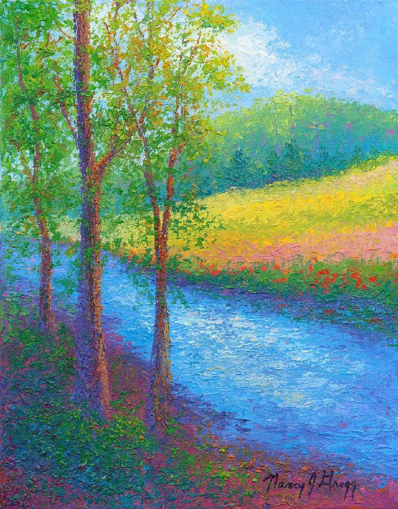 Print - Impressionist Landscape, Trees, River Water Art, Texture Field ...