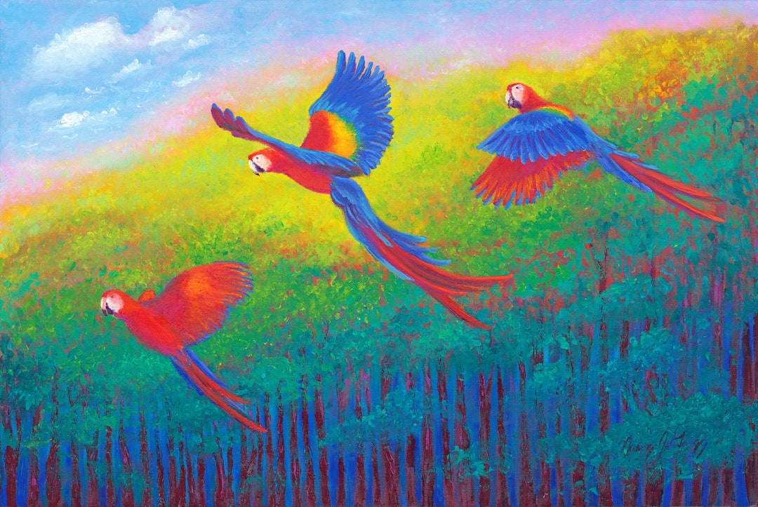Original Finger Painting Art, Scarlett Macaws Oil Painting, Amazon ...