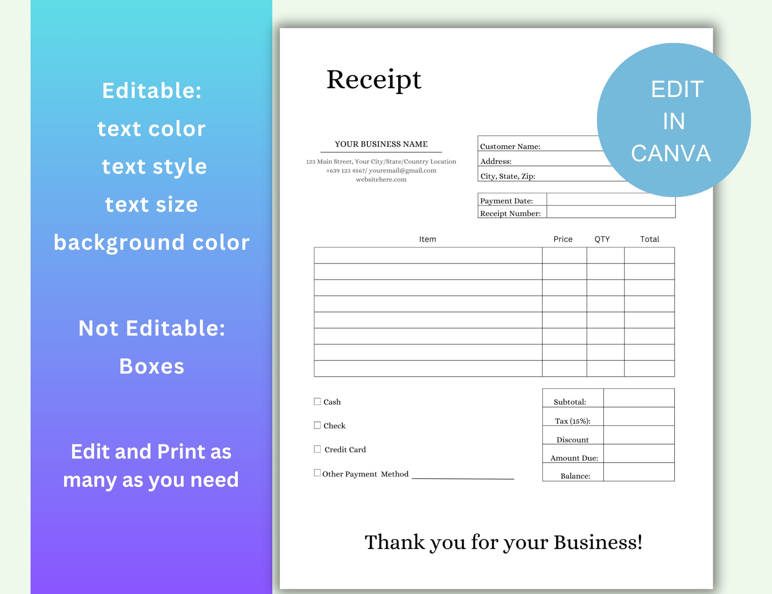 Receipt Form, Receipt Template, Editable Receipt Template, Small ...
