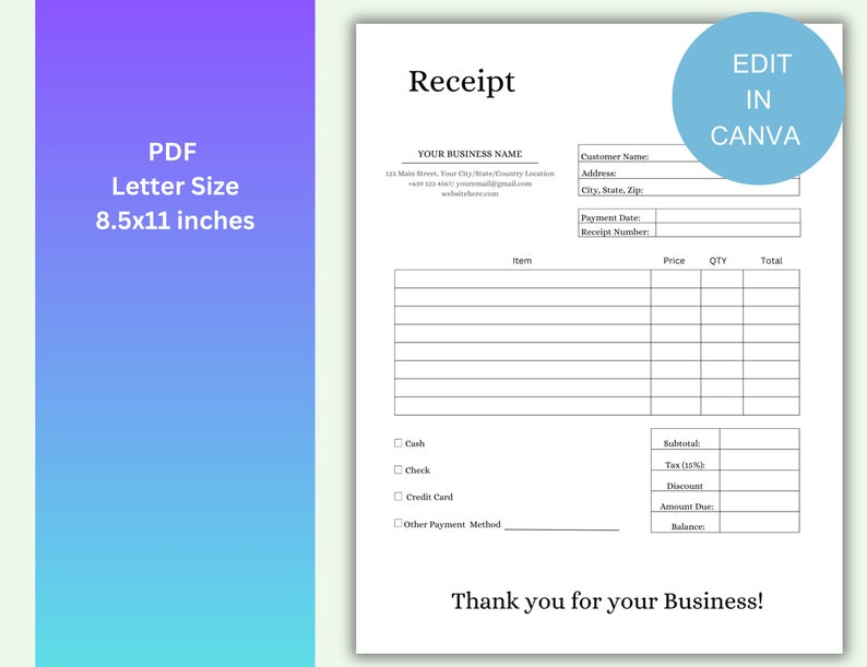 Receipt Form, Receipt Template, Editable Receipt Template, Small ...