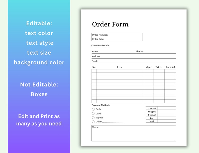 Editable Order Form, Order Form Template, Printable Order Form ...