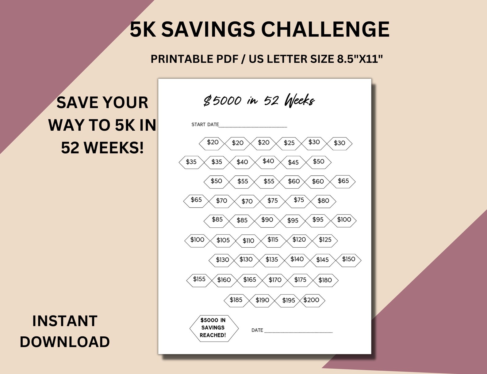 Savings Challenge, 5k Savings Challenge in 52 Weeks, Savings Tracker to ...