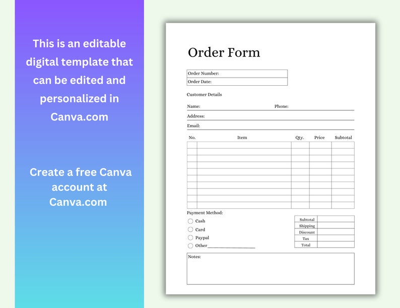 Editable Order Form, Order Form Template, Printable Order Form ...