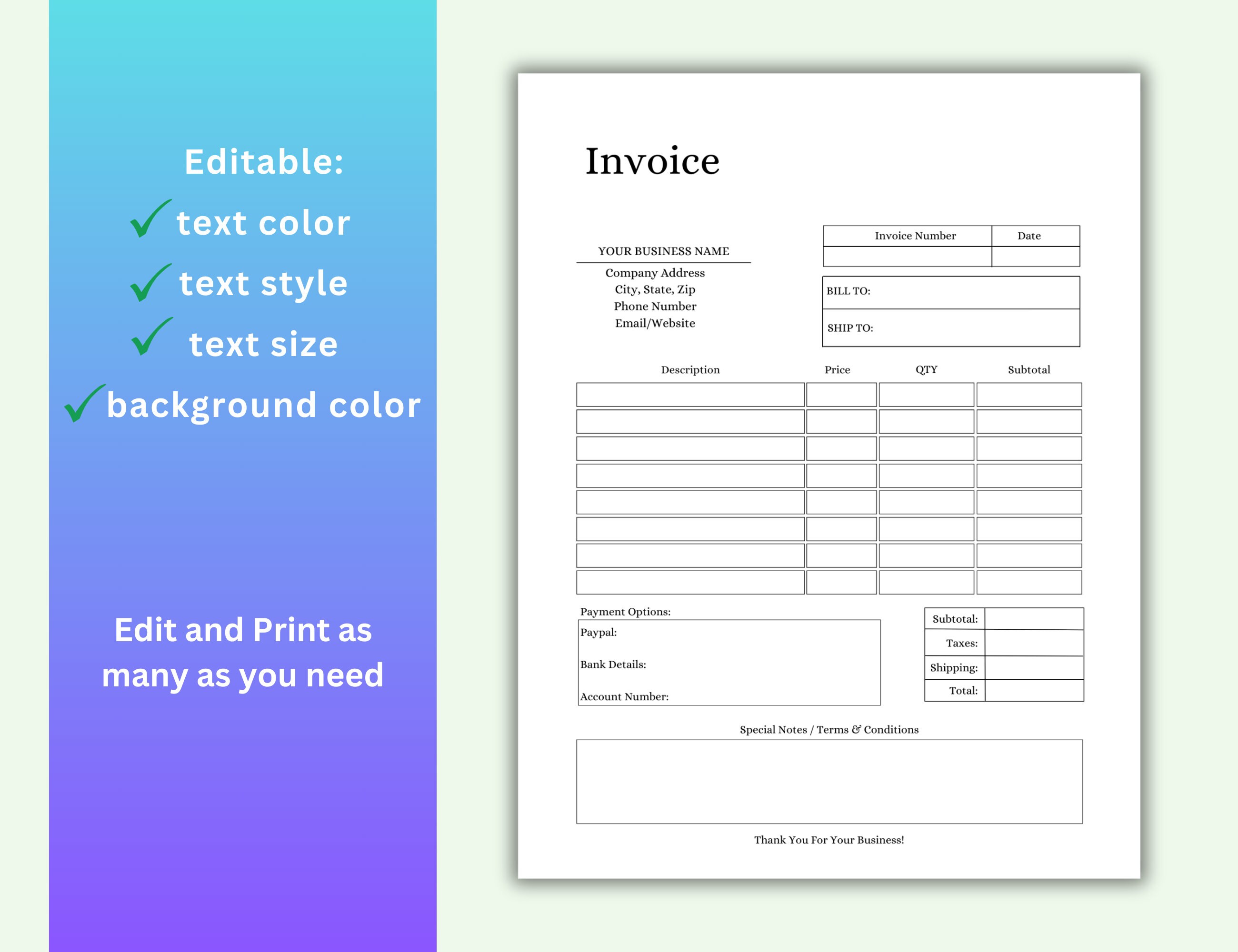 Editable Invoice Template, Invoice Form, Editable Business Forms ...