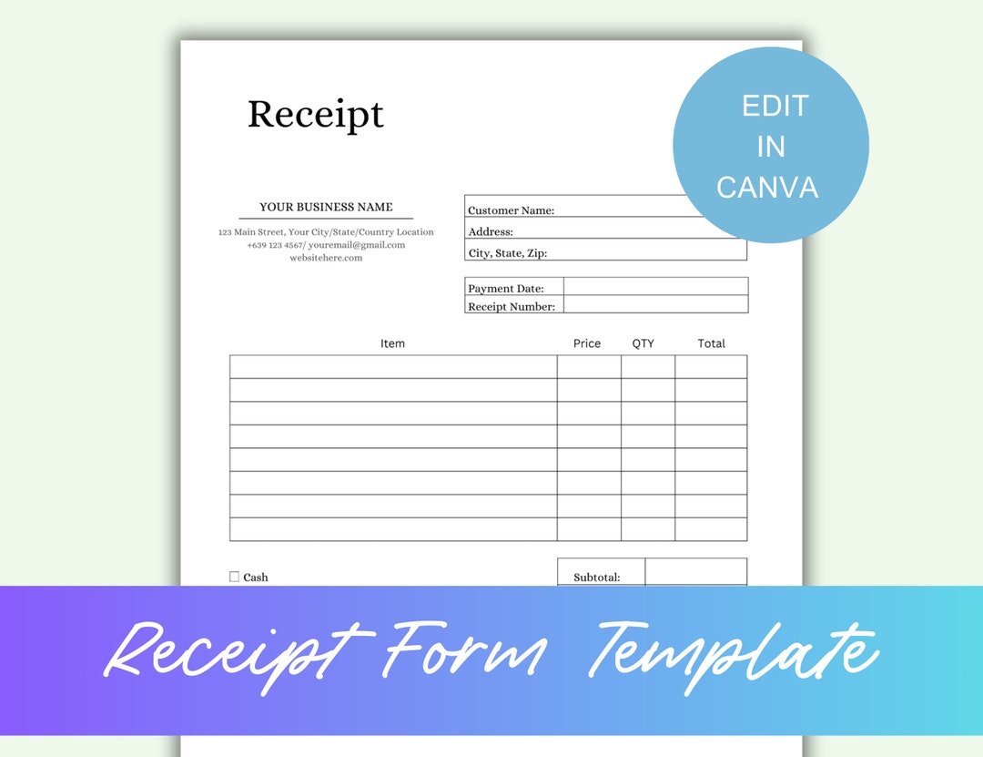 Receipt Form, Receipt Template, Editable Receipt Template, Small ...