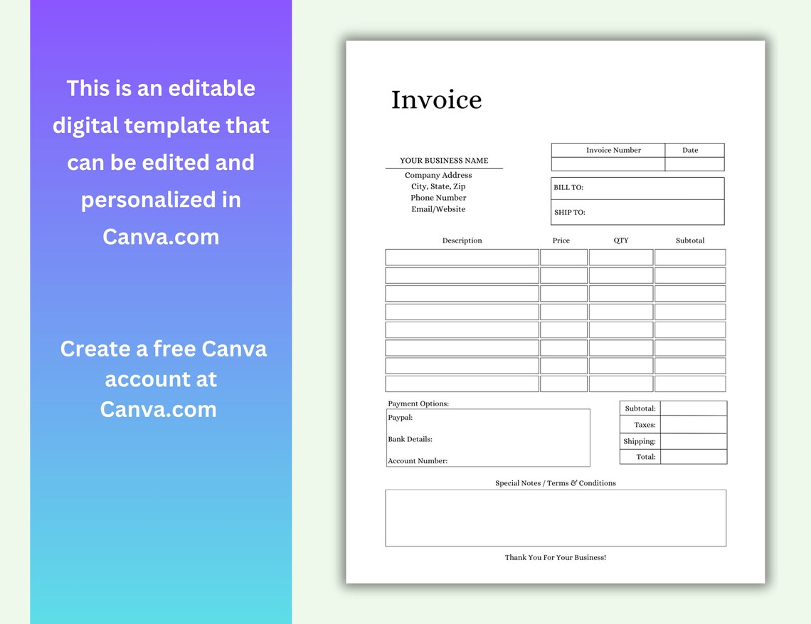 Editable Invoice Template, Invoice Form, Editable Business Forms ...
