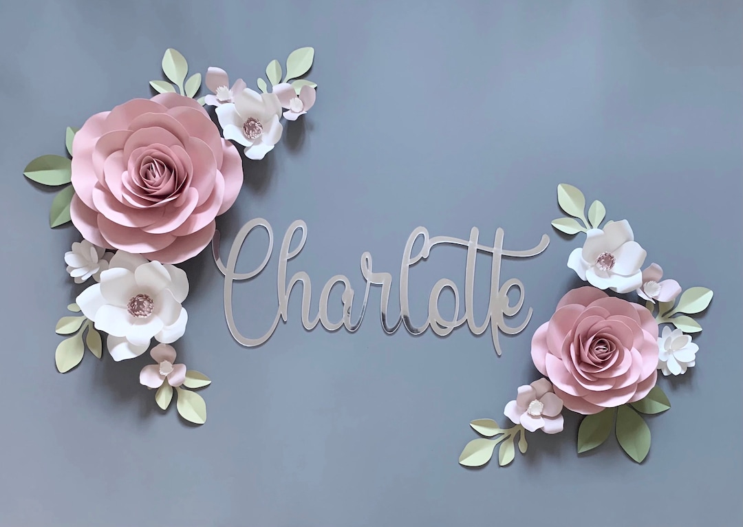 12 Pieces Paper Flower Set, Silver Name Sign, Nursery Paper Flower Wall ...