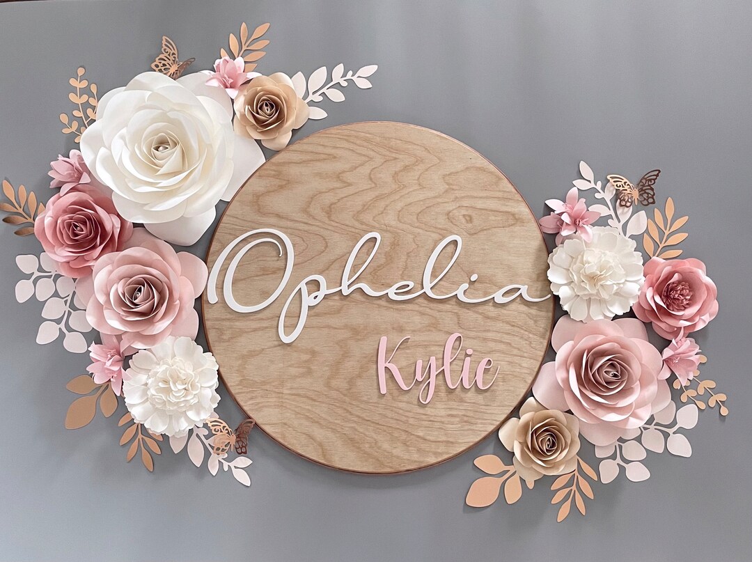 Pink & Rose Gold Paper Flower Set With Wood Name Sign - Etsy