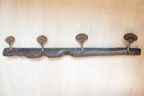 Antique oak bog wood sail rack with brass shell hooks | Etsy