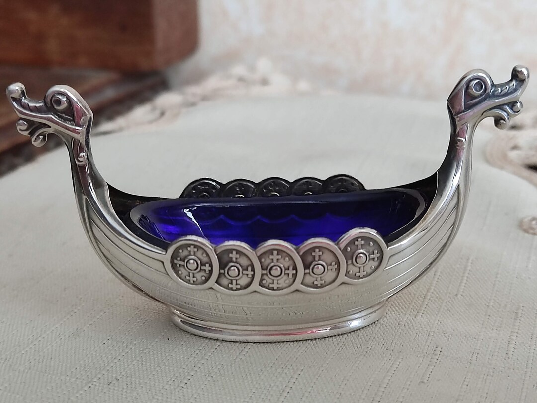 Vintage Viking Ship Sterling Silver 925 Hallmark Cobalt Blue Glass ...