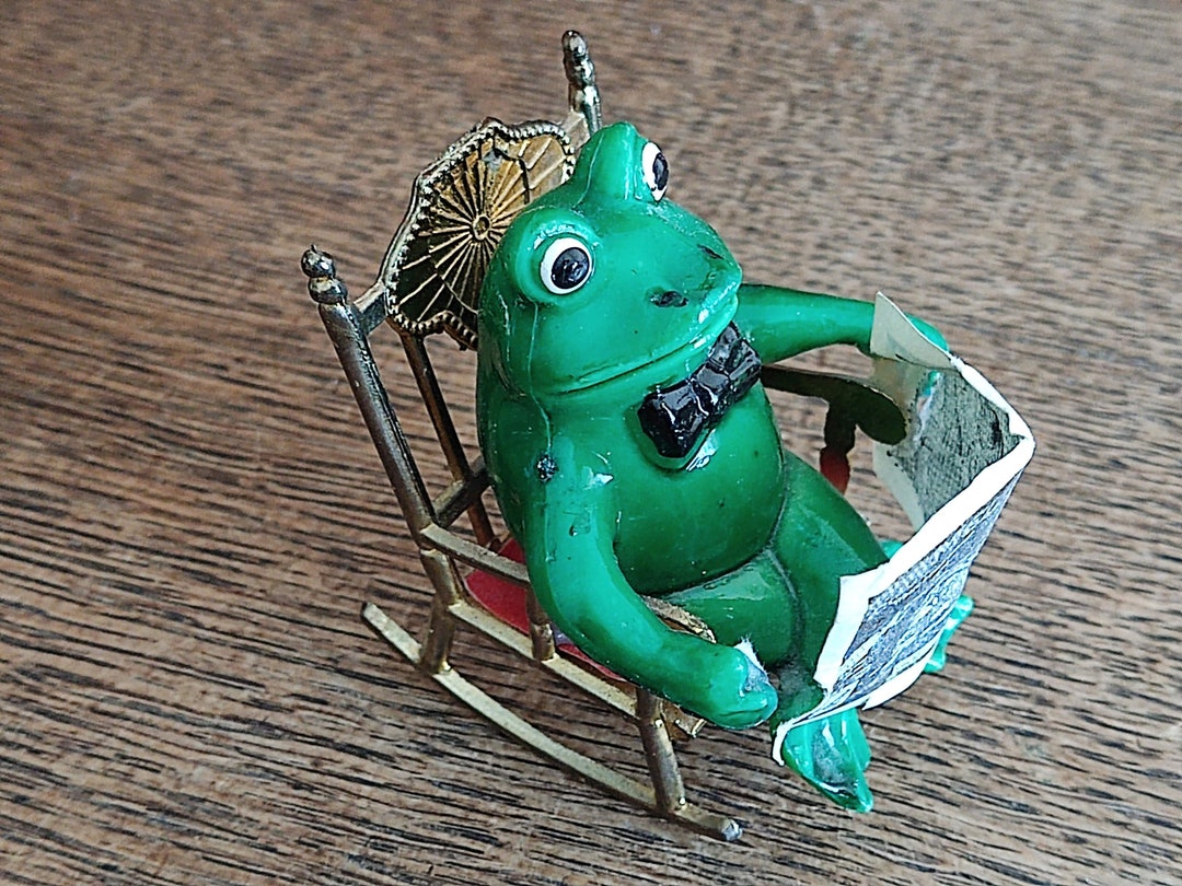 Vintage Frog Figurine Reading Newspaper on Brass Rocking Chair - Etsy