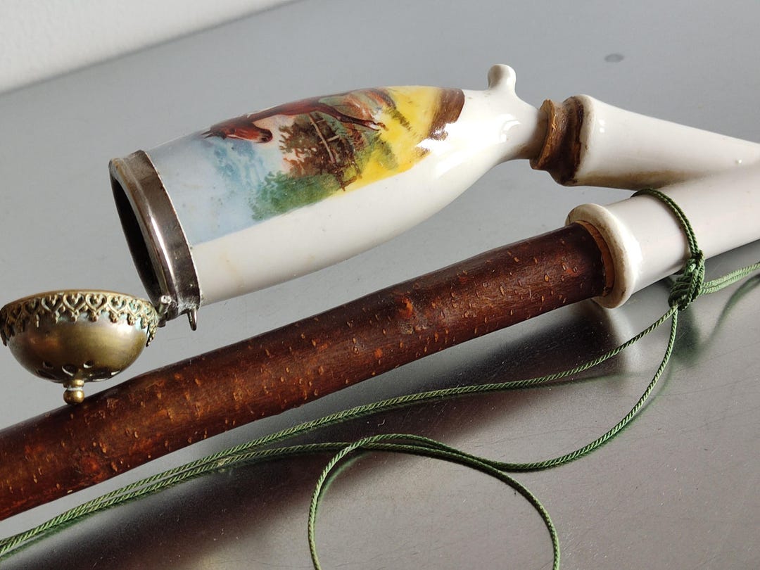 Vintage Smoking Pipe, German Porcelain and Rustic Carved Tobacco Pipe ...