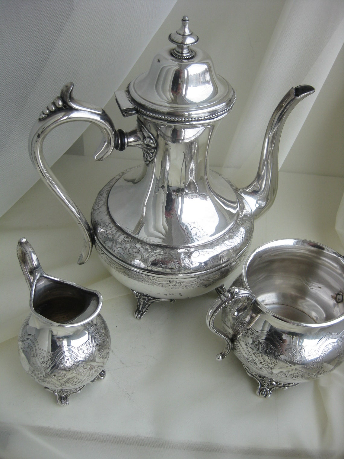 Old Antique Silverplate 3 Piece Coffee & Tea Tray Service Set Home ...