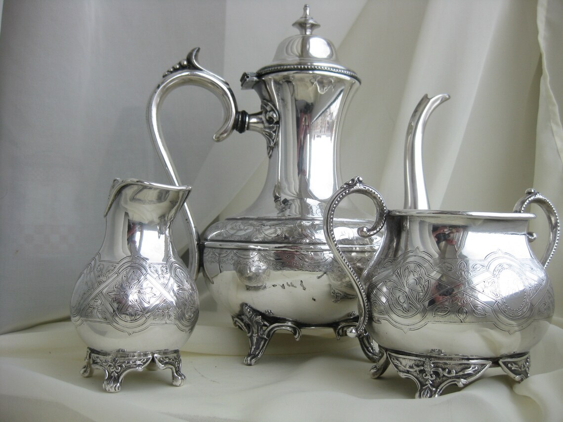 Old Antique Silverplate 3 Piece Coffee & Tea Tray Service Set Home ...