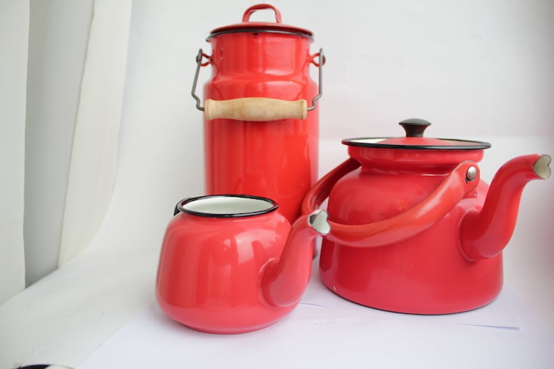 Vintage Mid Century Swedish Red Enamel Tea Pot Kockums Small 0.6 L (20 ...