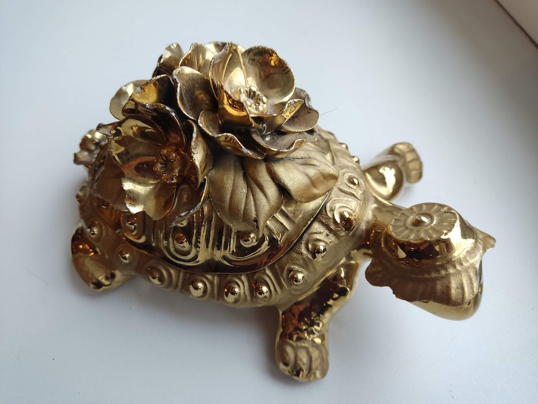 Vintage Tortoise Turtle Gilded Porcelain Figurine Casket With Flowers ...