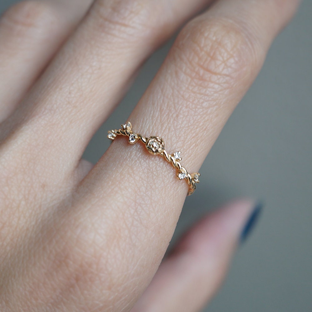 14K Solid Gold Mini Peony Twisted Ring. Dainty Flower Ring - Etsy
