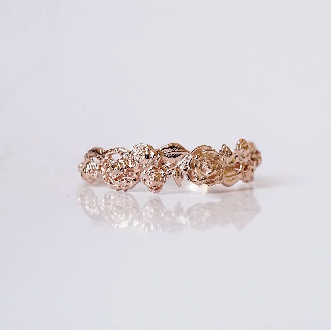 14K Solid Gold Rose Ring Band. Flower Ring - Etsy