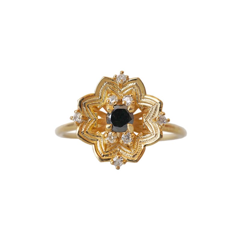 14K Solid Gold Gothic Rose Window Black Diamond Ring - Etsy
