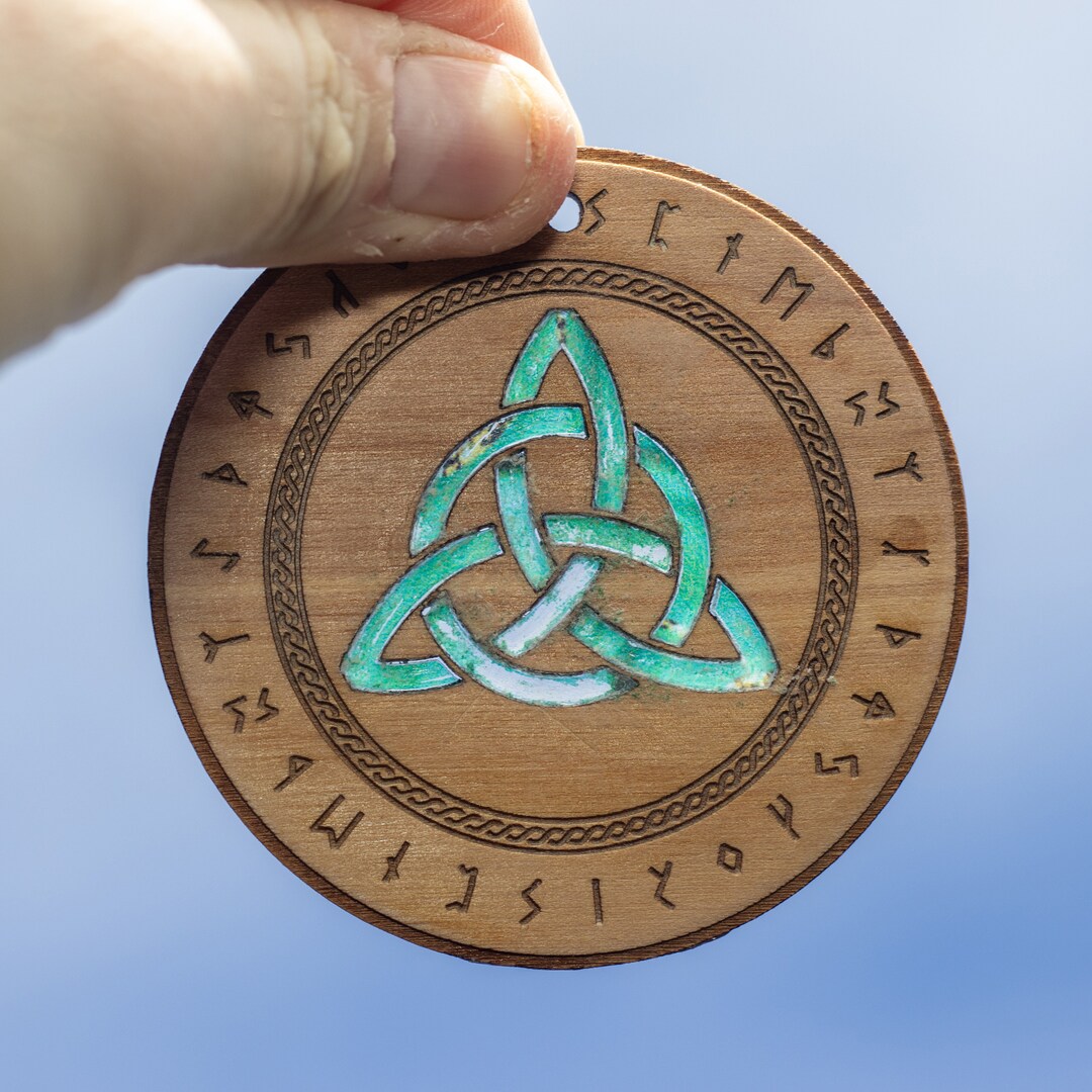Etched Valknut and Triquetra With Runes Ornament. Green and Gold Marble ...