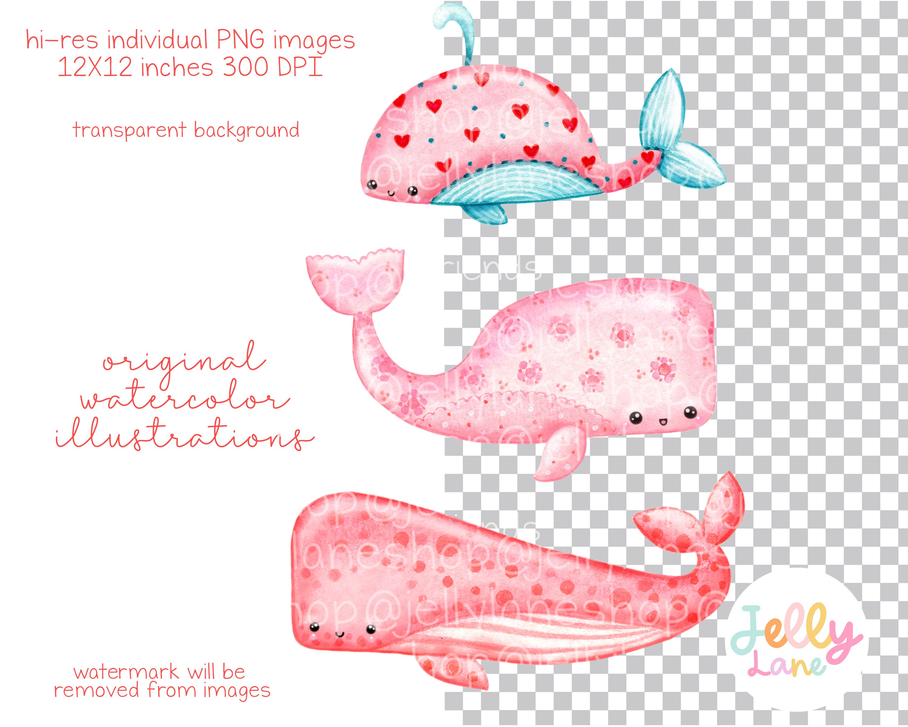 Watercolor Whale Clipart, Valentine Whales Clipart, Printable Whale PNG, Pink Whale, Whale ...