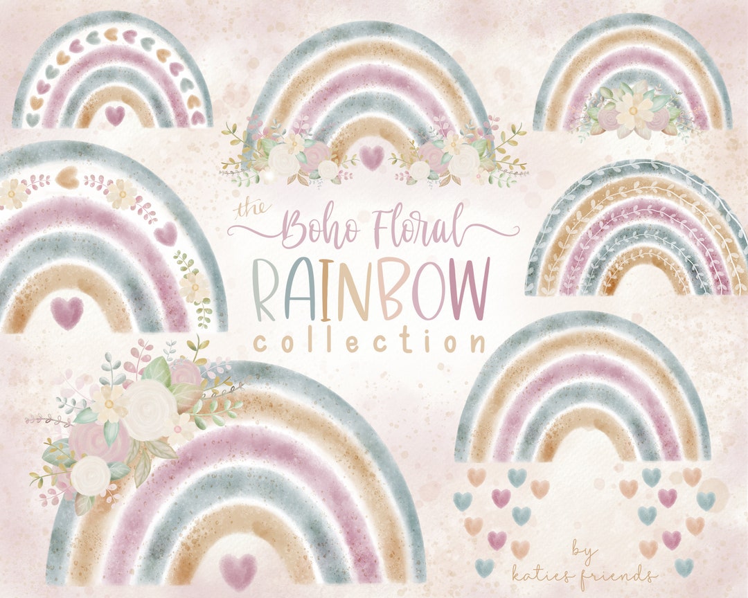 Watercolor Boho Floral Rainbow Clipart Set, Natural Colors, Boho ...