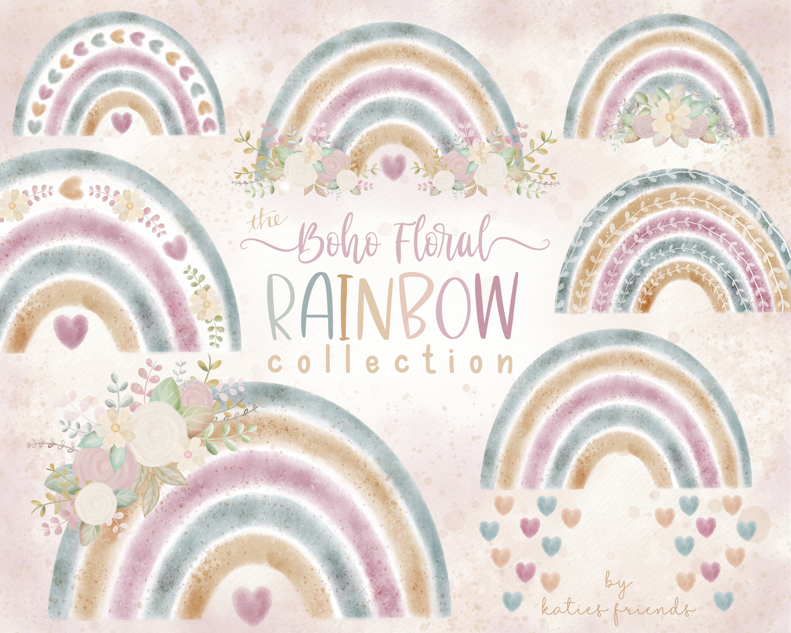 Watercolor Boho Floral Rainbow Clipart Set, Natural Colors, Boho ...