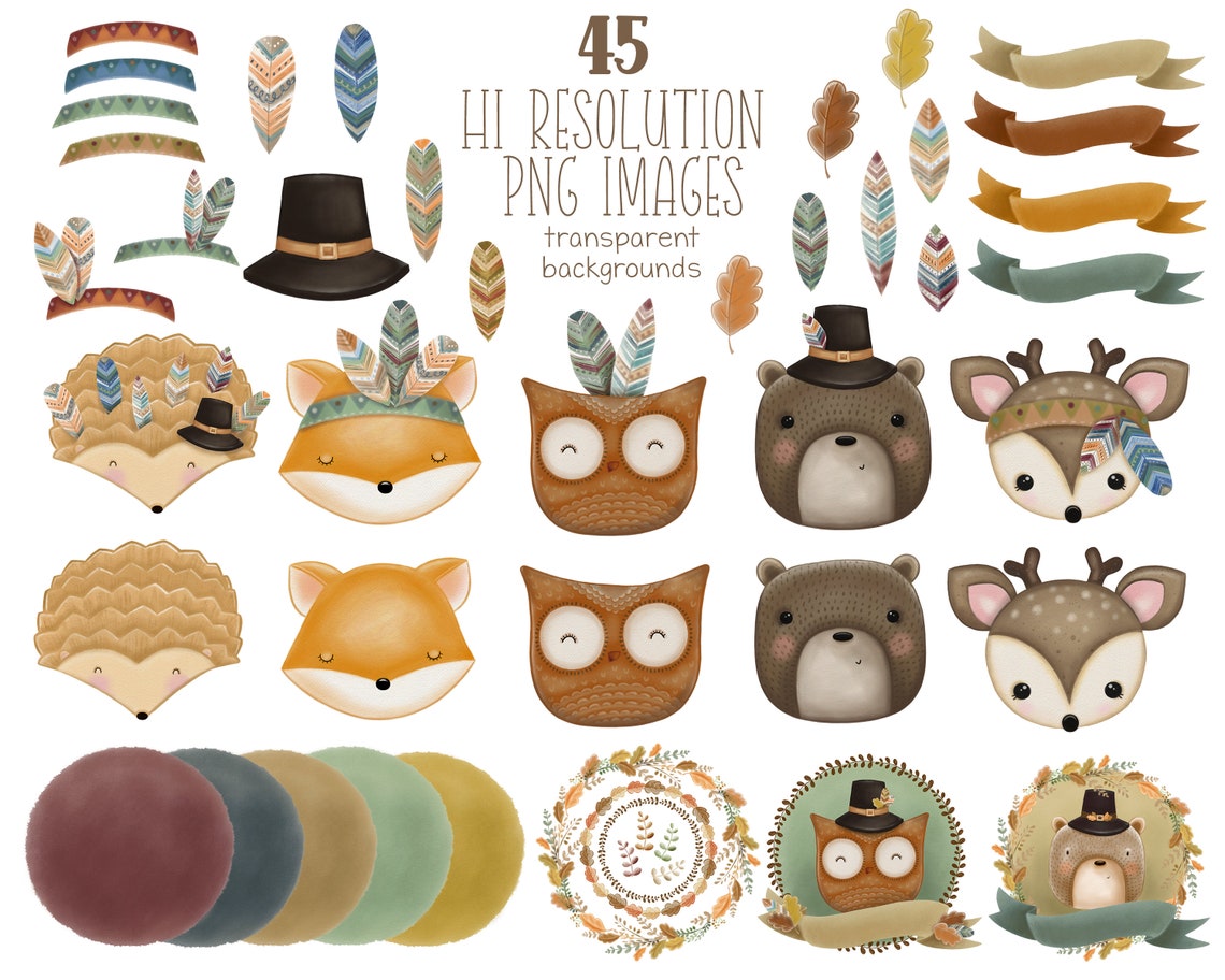 Woodland Animals Thanksgiving Clipart Cute Autumn - Etsy