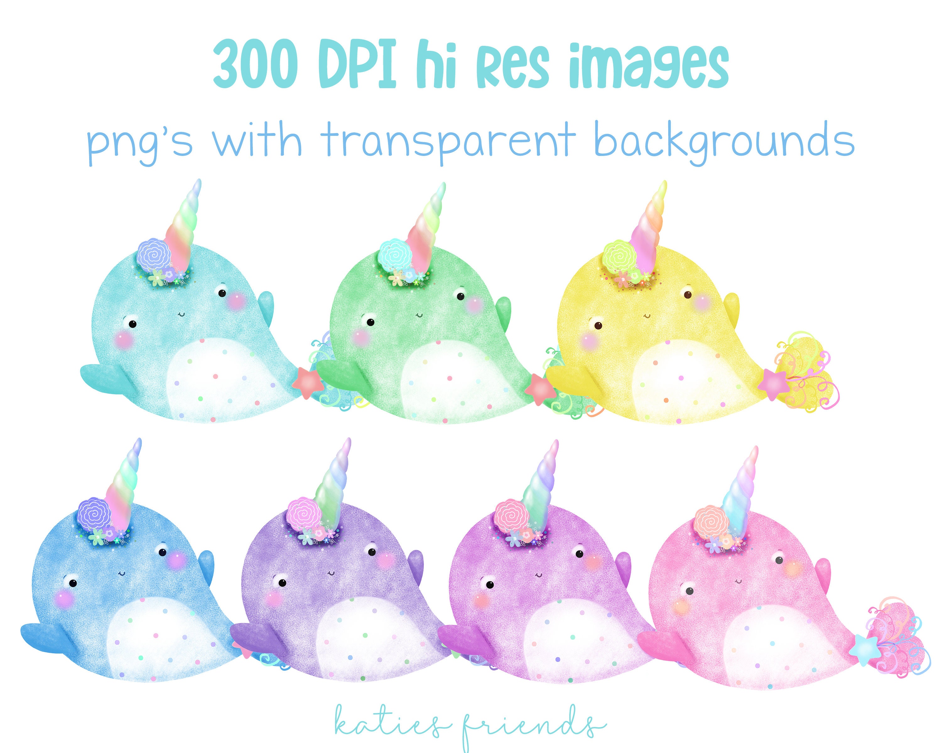Rainbow Narwhal Clipart, Cute Narwhal Illustrations, Watercolor Sea ...