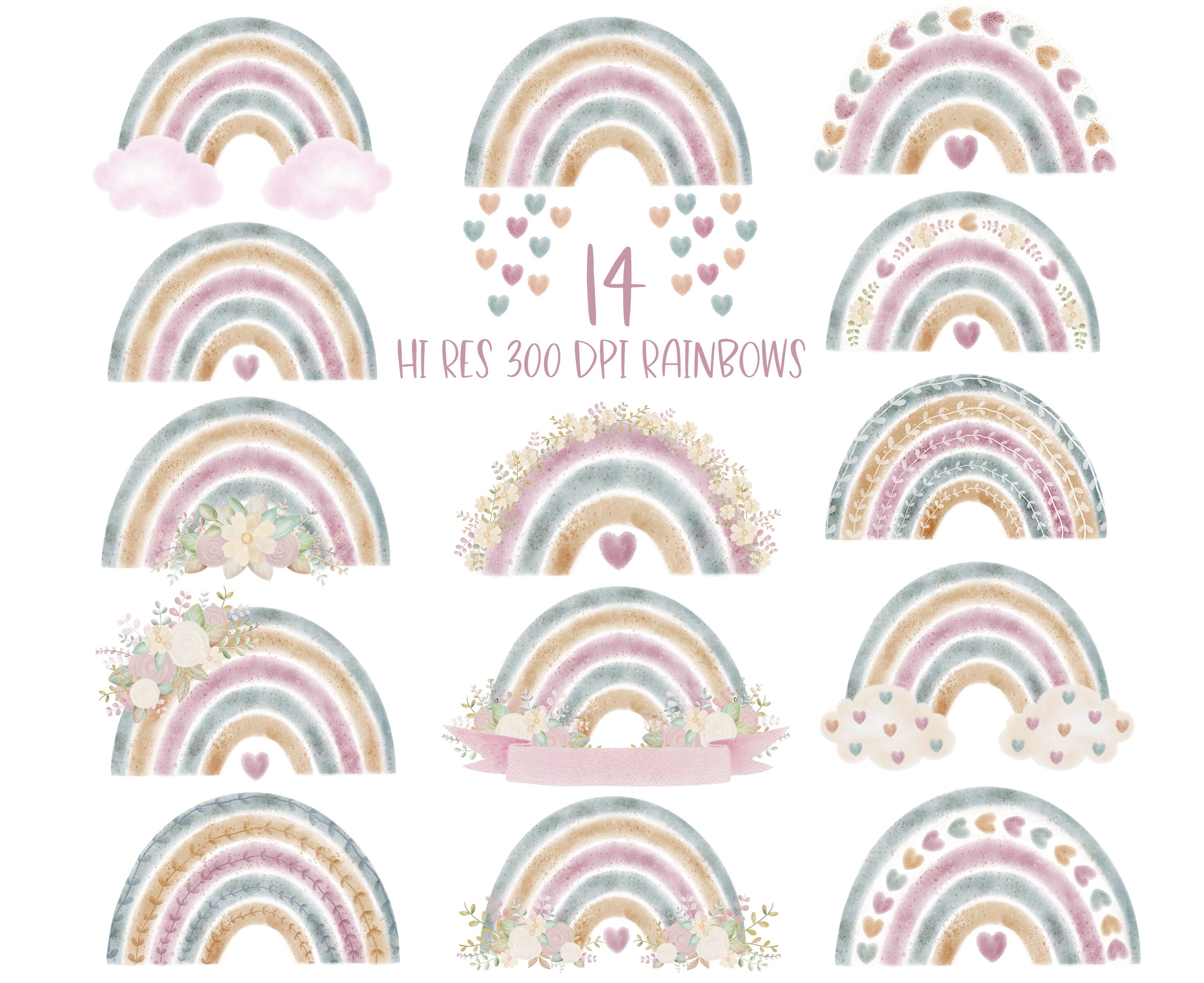 Watercolor Boho Floral Rainbow Clipart Set, Natural Colors, Boho ...