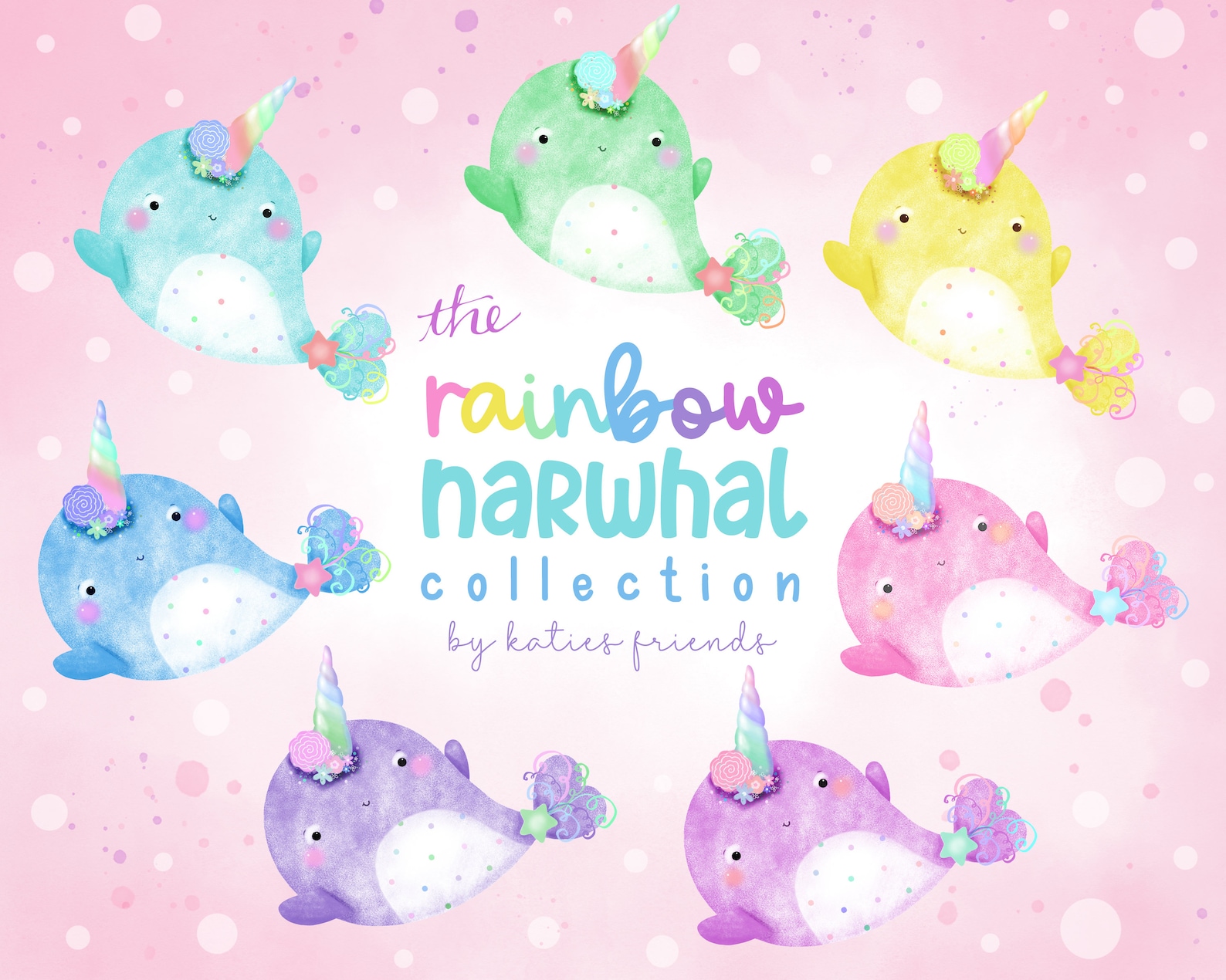 Rainbow Narwhal Clipart, Cute Narwhal Illustrations, Watercolor Sea ...
