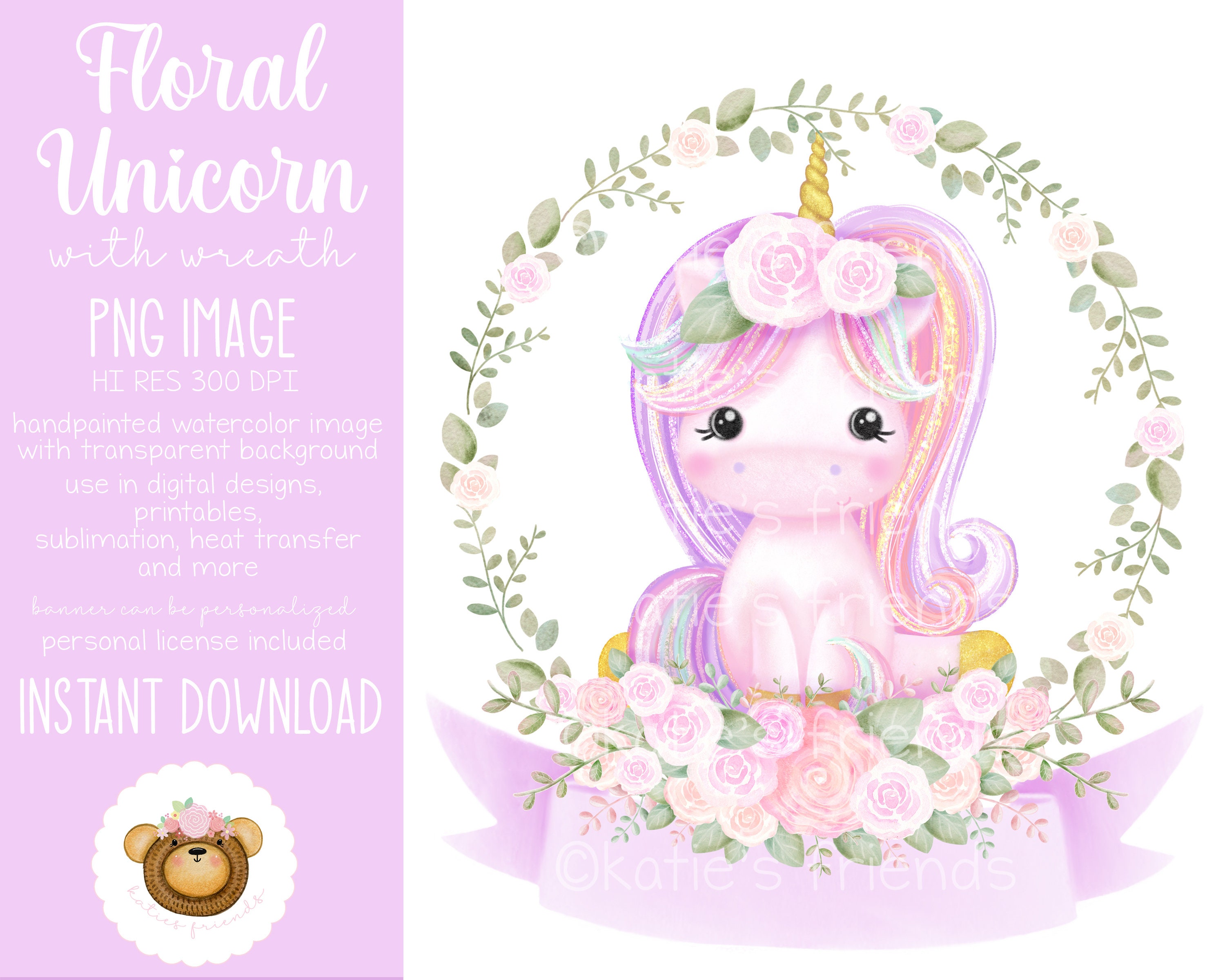 Floral Unicorn PNG, Pastel Unicorn Sublimation Design, Watercolor ...