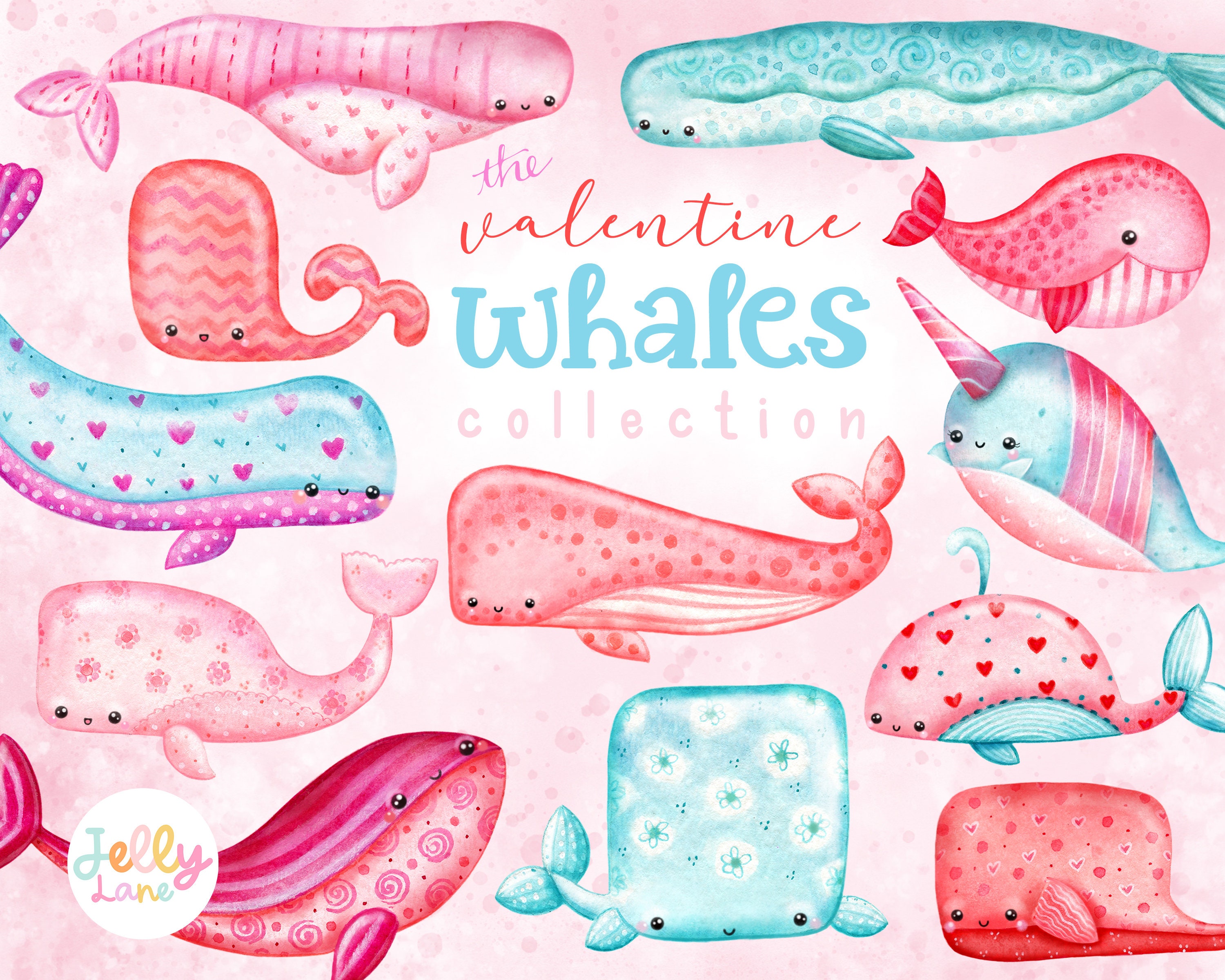 Watercolor Whale Clipart, Valentine Whales Clipart, Printable Whale PNG ...
