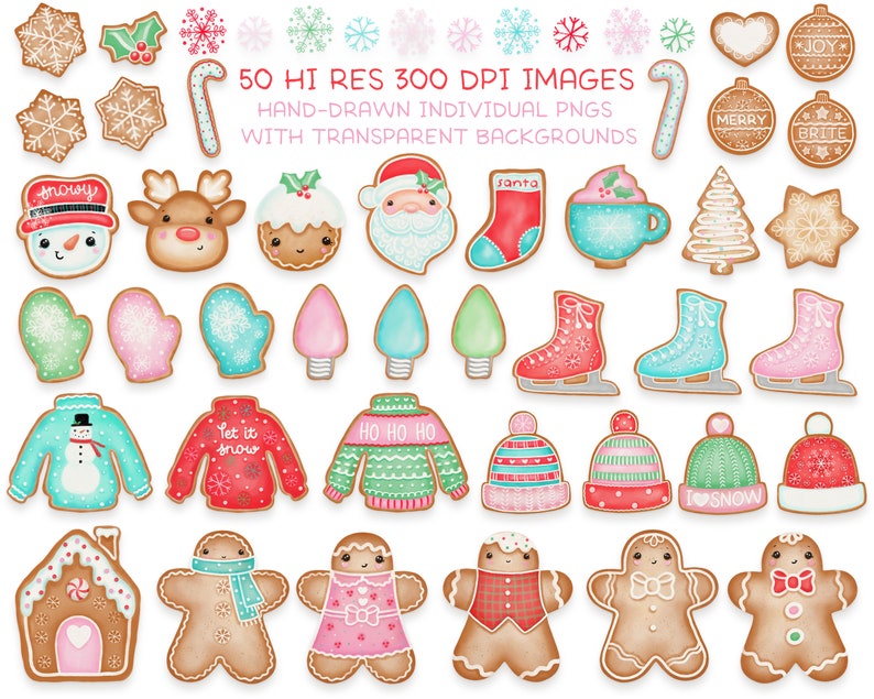 Christmas Cookie Clipart, Gingerbread Cookies, Hand Drawn Holiday ...