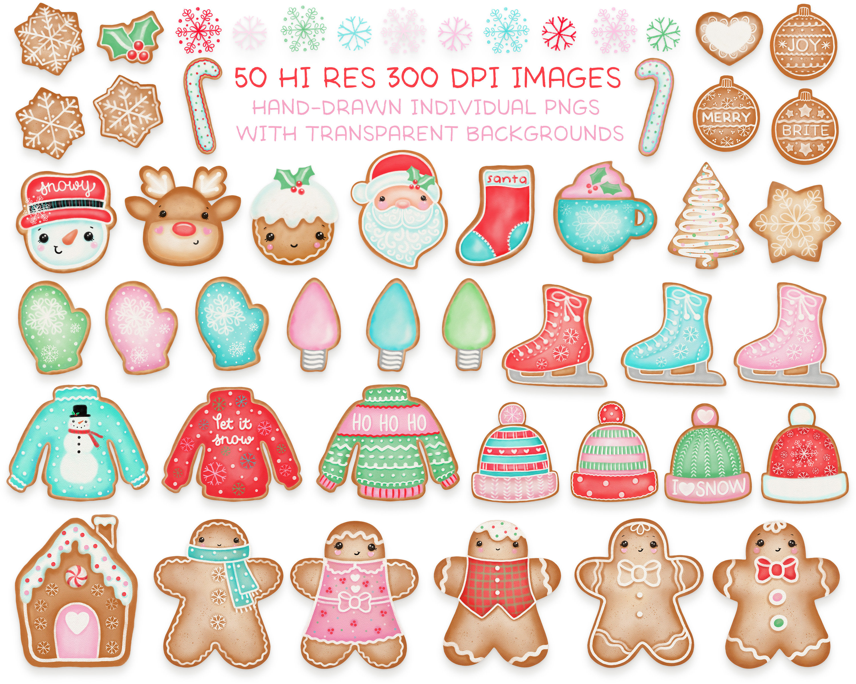 Christmas Cookie Clipart, Gingerbread Cookies, Hand Drawn Holiday ...