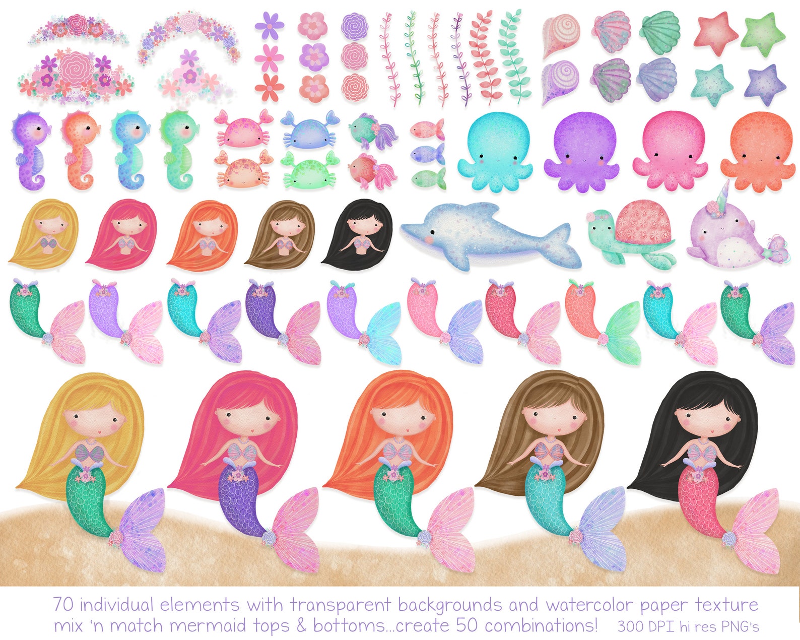 Mermaid Clipart, Under the Sea Clipart Set, Watercolor Mermaids ...