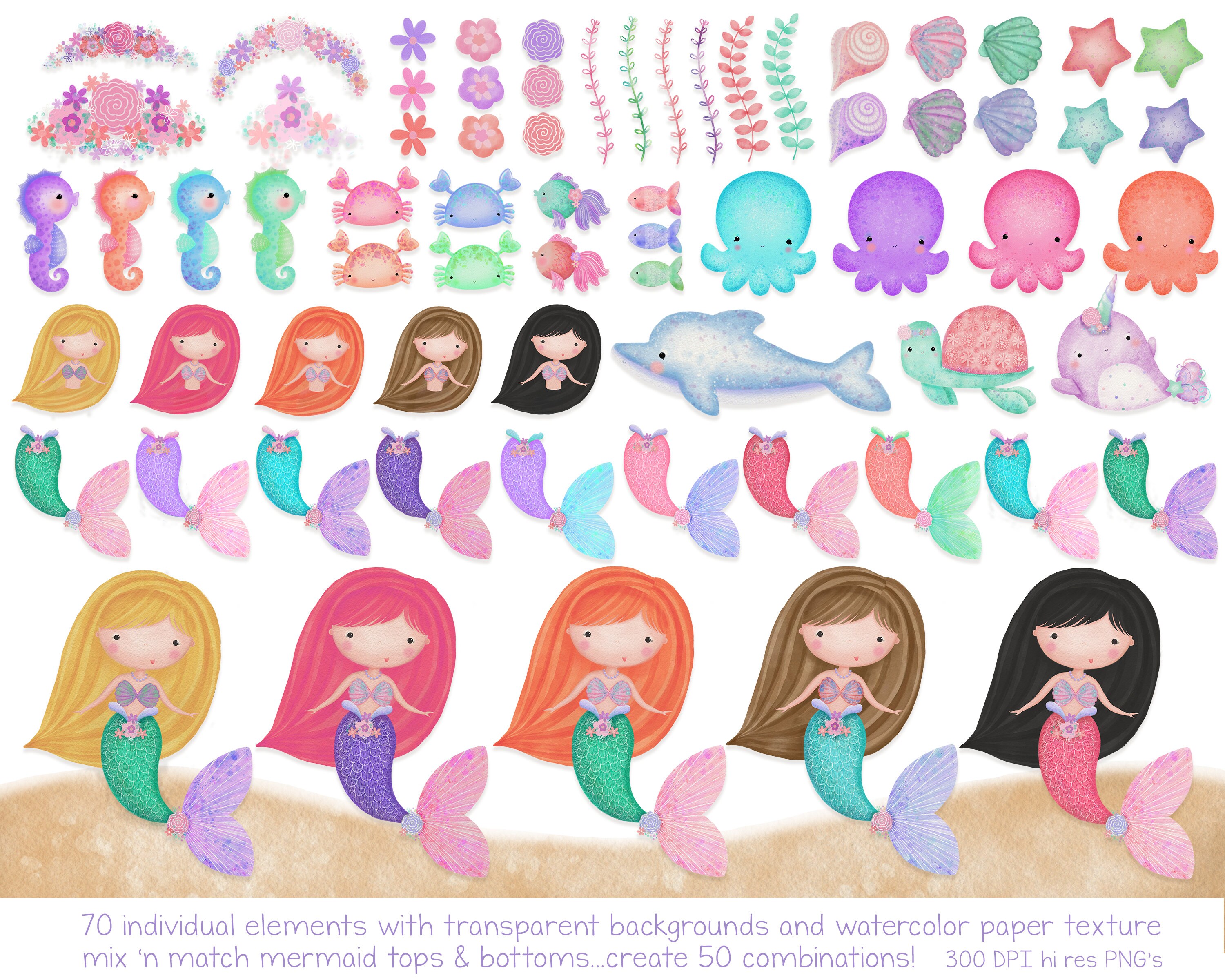 Mermaid Clipart Under the Sea Clipart Set Watercolor - Etsy